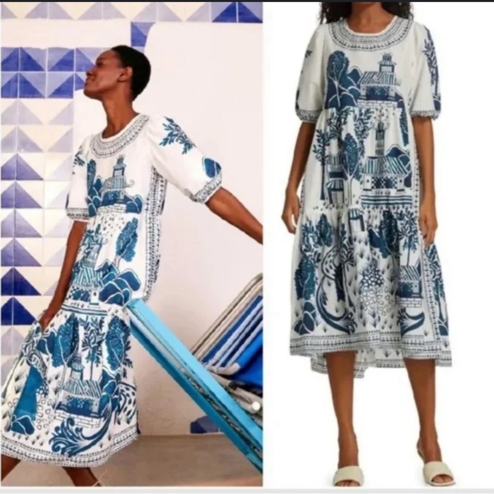 Farm Rio Ancient Gardens Blue White Midi Dress Cotton… - Gem